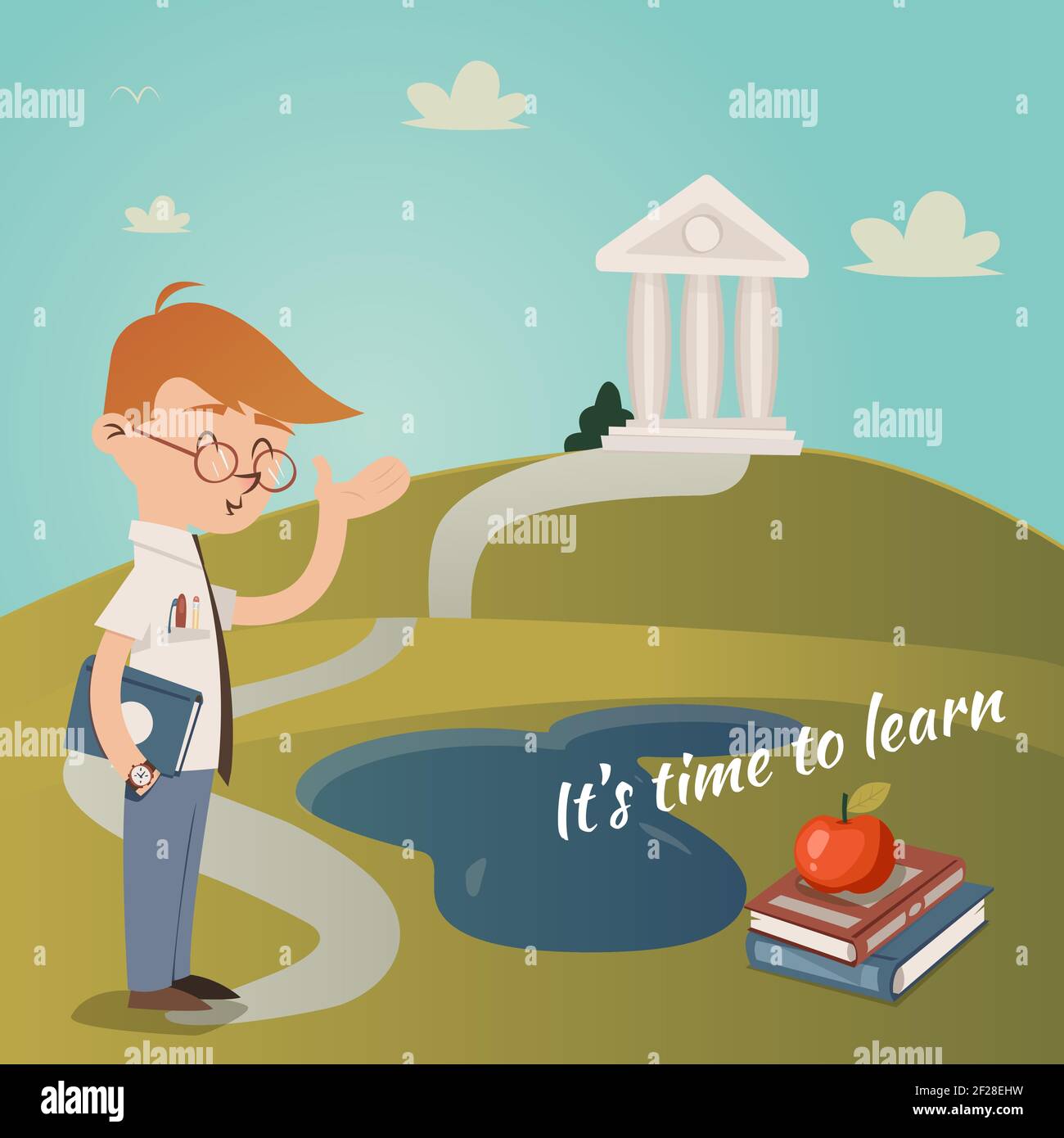 Its Time To Learn vector illustration with a school teacher with books ...