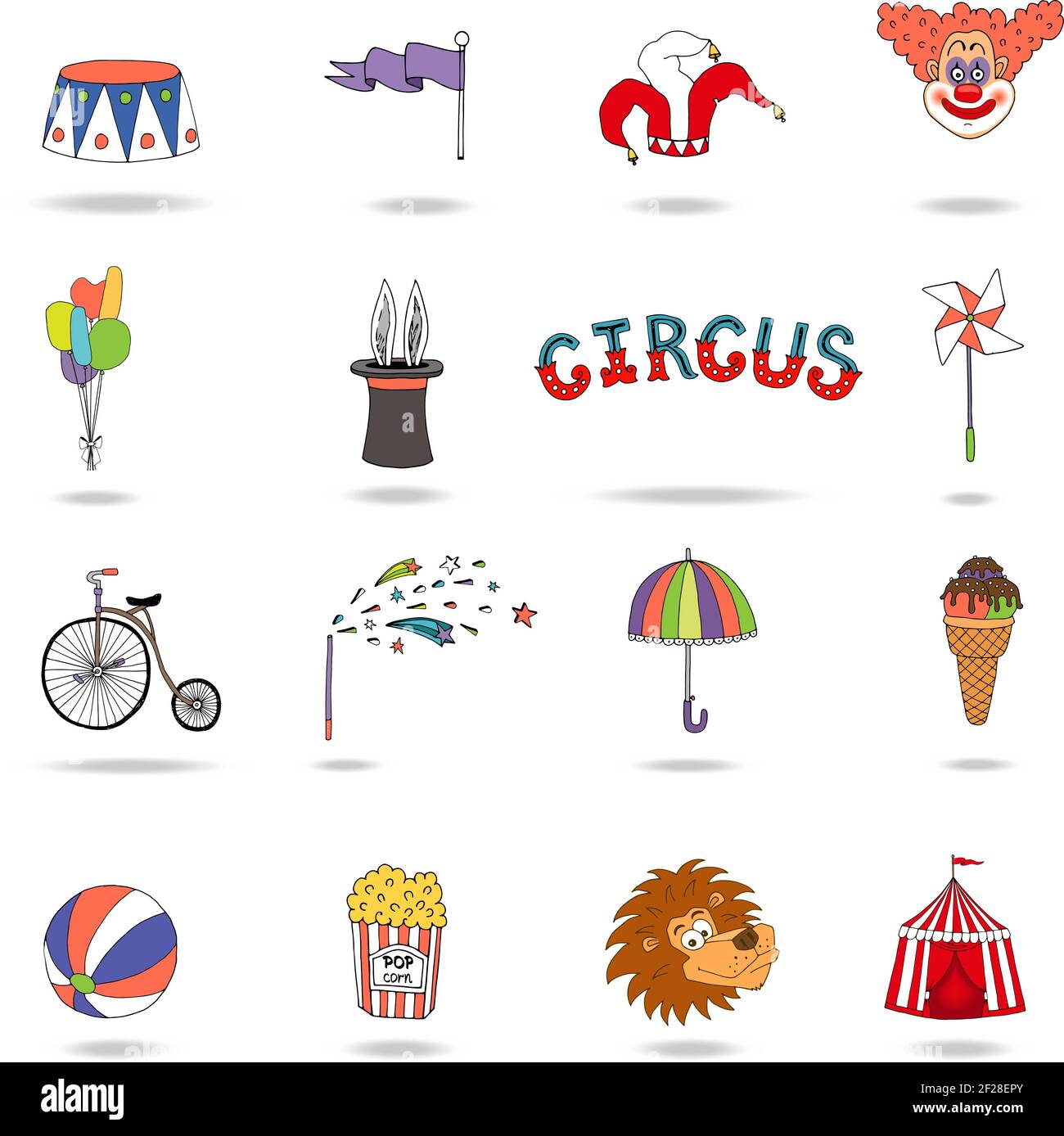 Set of colorful vector circus icons with a podium flag jokers hat ...