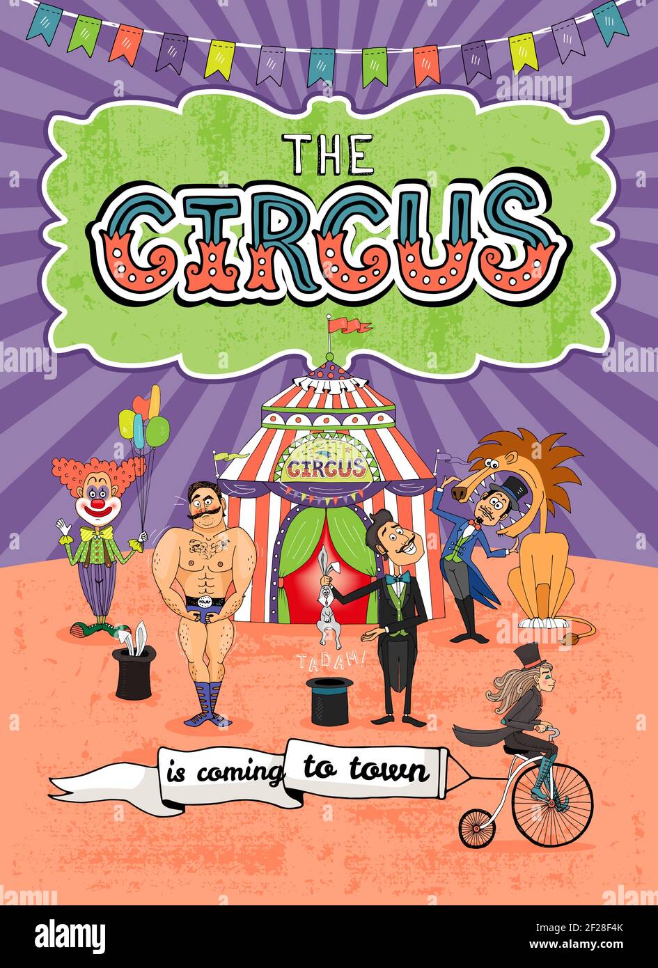 Vector circus poster design with various performers in front of the Big ...