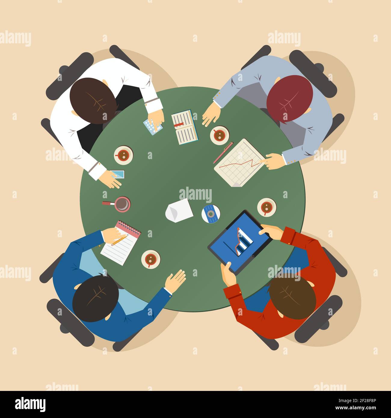 Vector illustration of a group of four businesspeople having a meeting ...