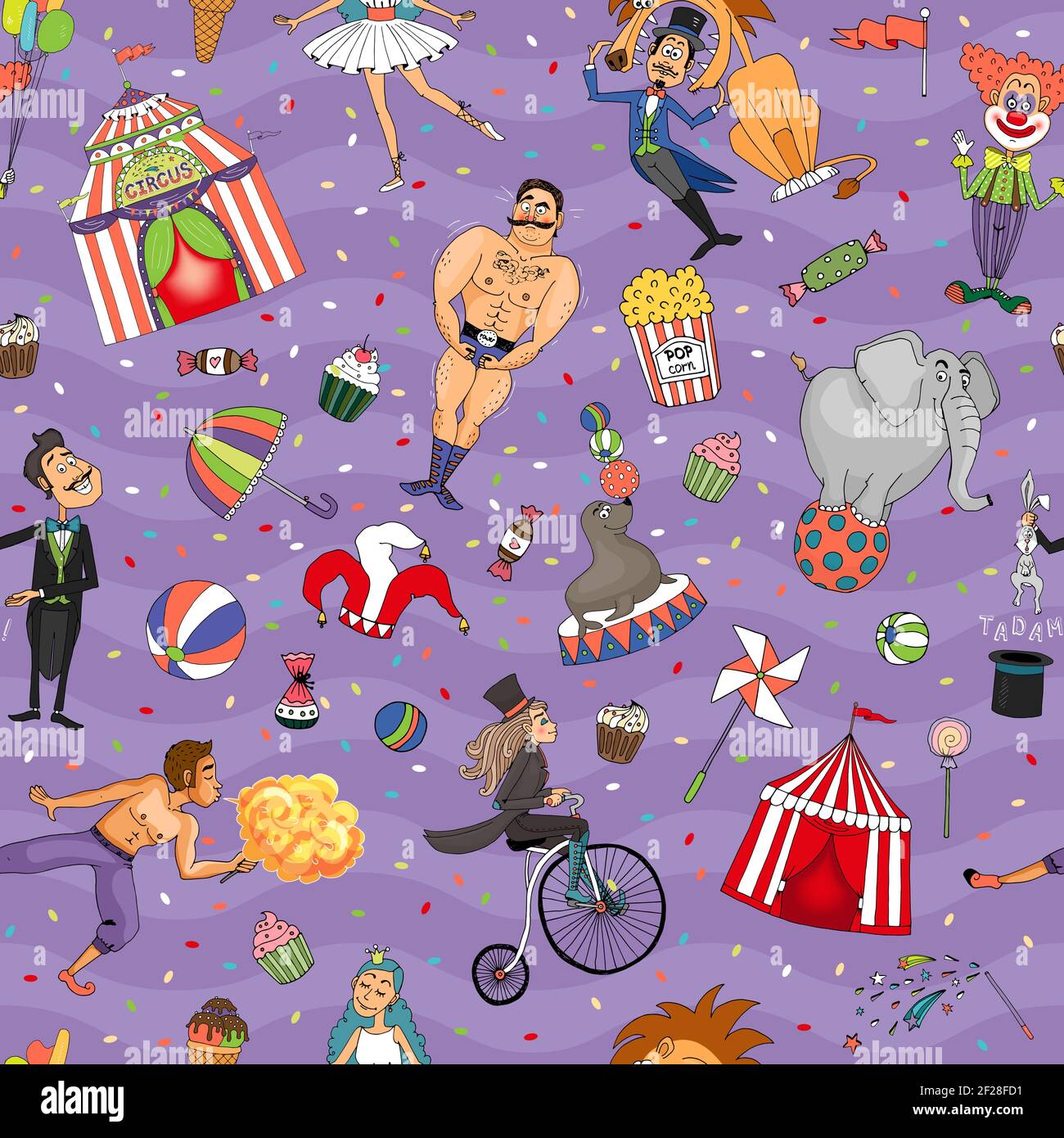 Seamless colorful circus background pattern with random animals - seal elephant lion and monkey ...