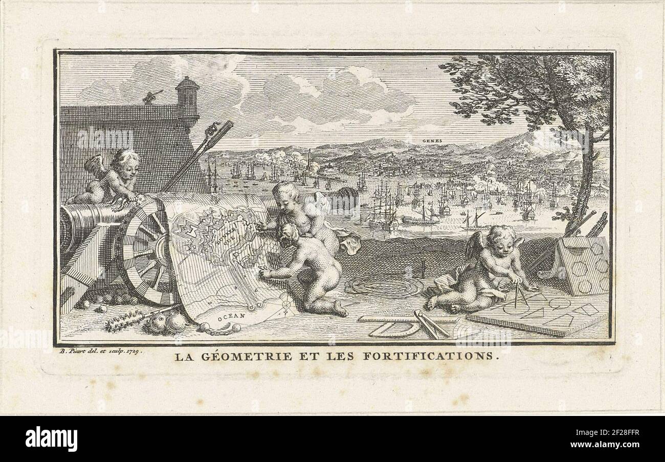 Putti study a map at a gun. Another putto signs various geometric ...