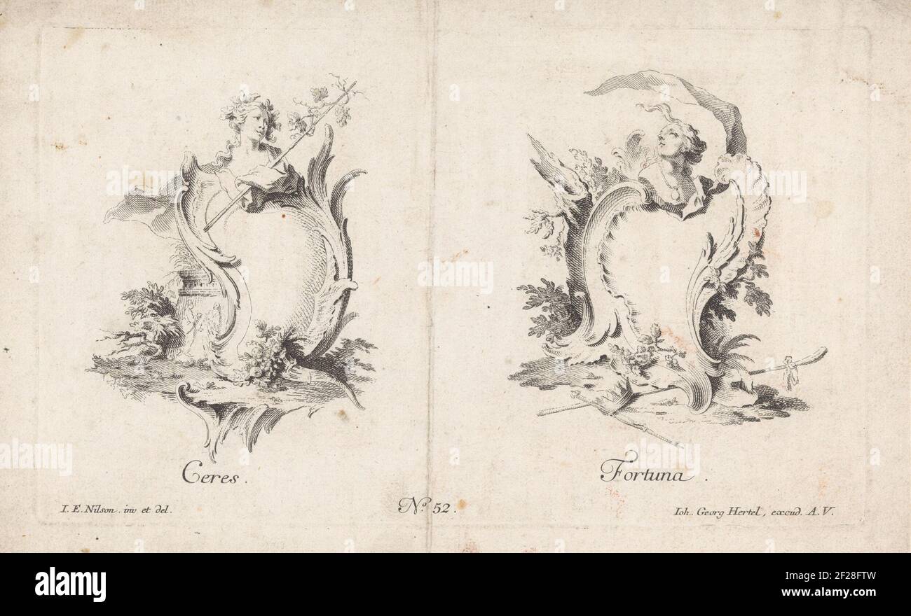 Ceres and Fortuna.twee cartouches with bust of goddesses. Links Ceres ...