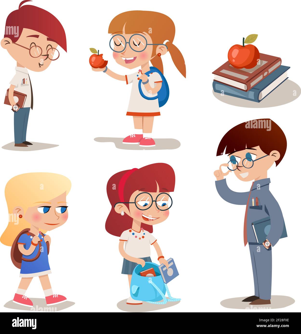 Vector Vintage Style Characters School Children Set Isolated White ...