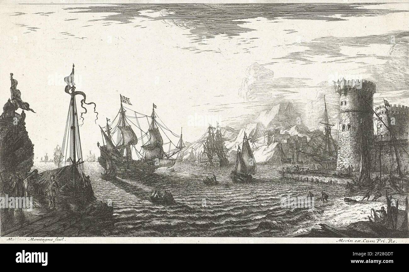 Seaport with large sailing ships and two rowing boats with which ...