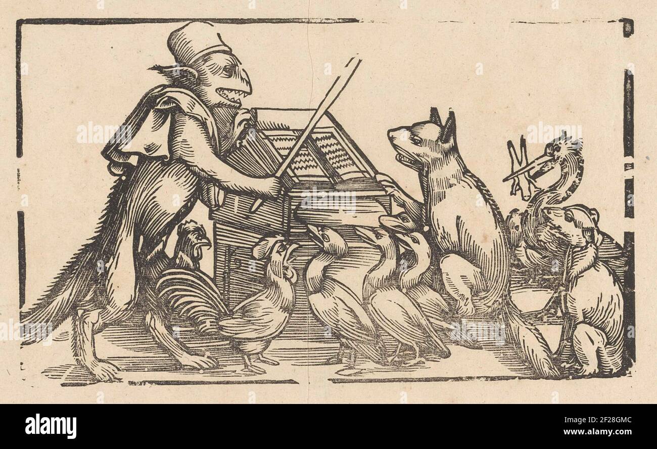 Vos de passie prekend.A fox stands with a stick in the hand next to a ...