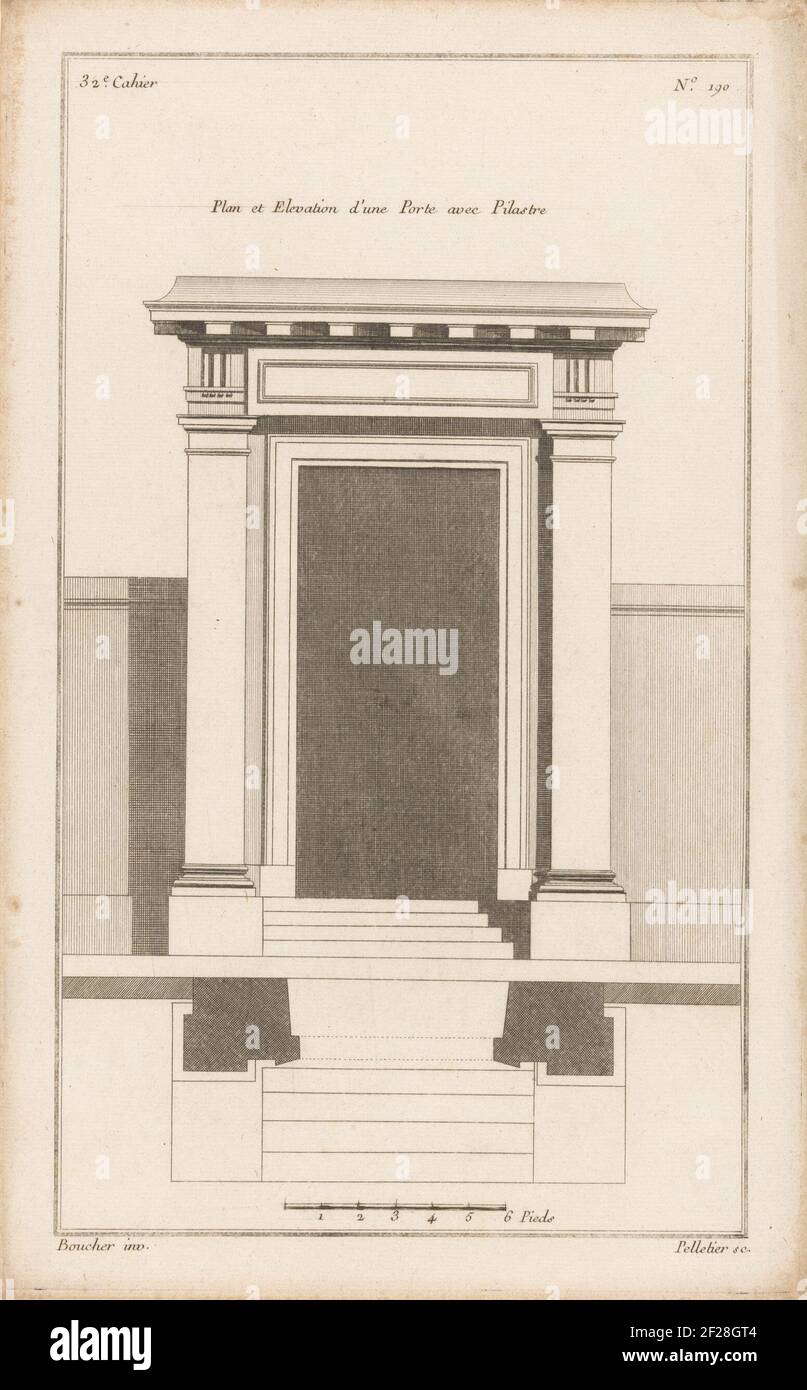 Gate with pilasters and staircase; Plan et elevation d'une porte avec ...
