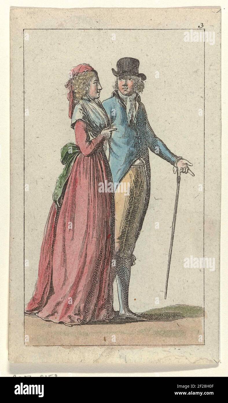 Modes Révolutionaires, 1796: Wandelend paar.Walking couple dressed ...