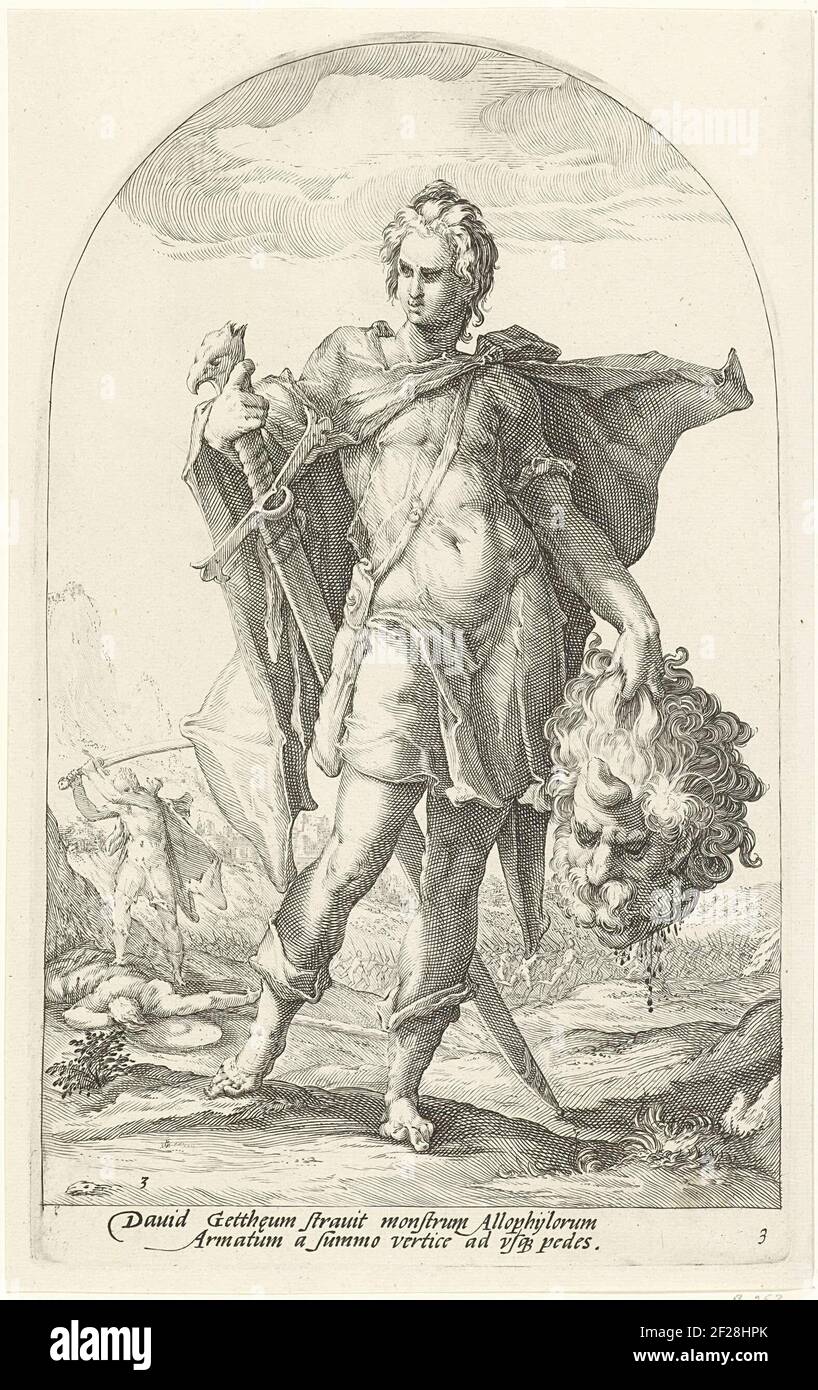 David with a sword and the head of Goliath. In the background the scene ...