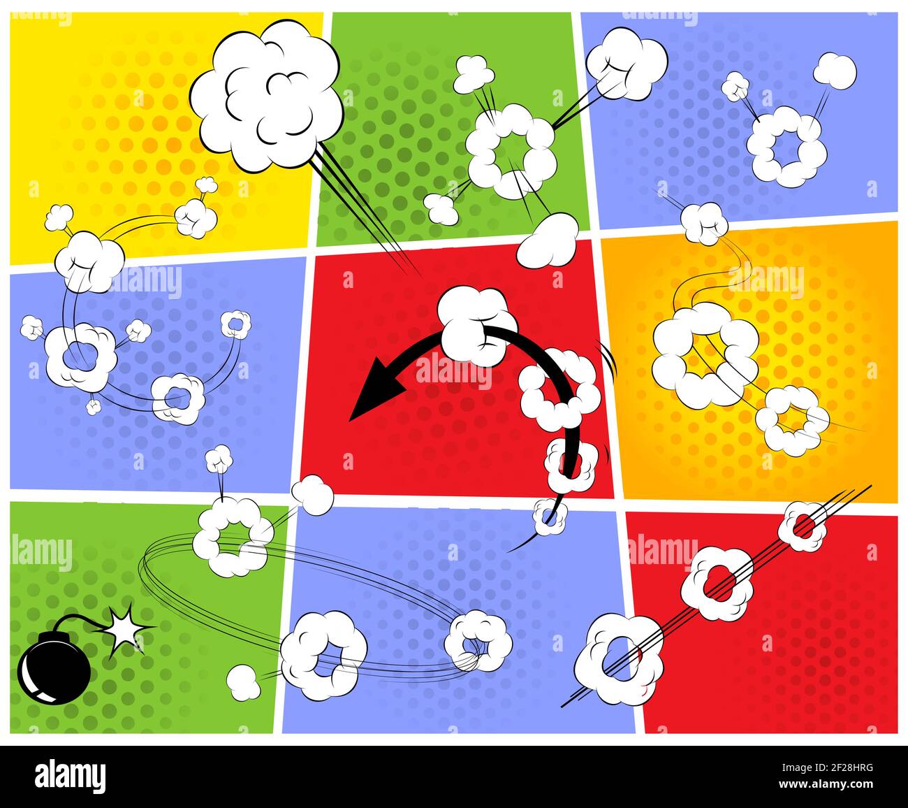 Comic book page Mock-Up with explosions, clouds and arrowss Stock ...