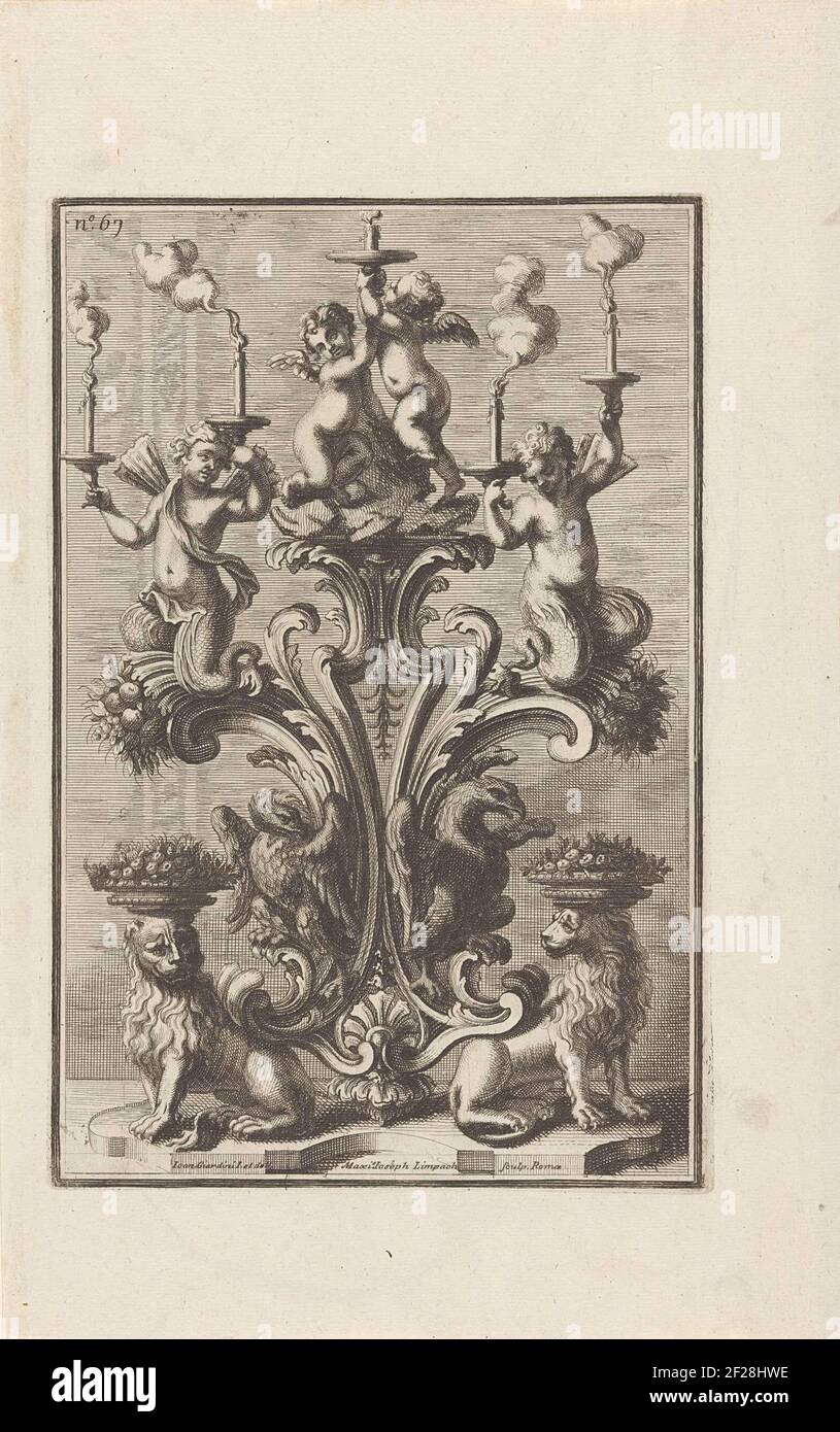 Candlestick with winged tritons, putti, lions and eagles; Various ...