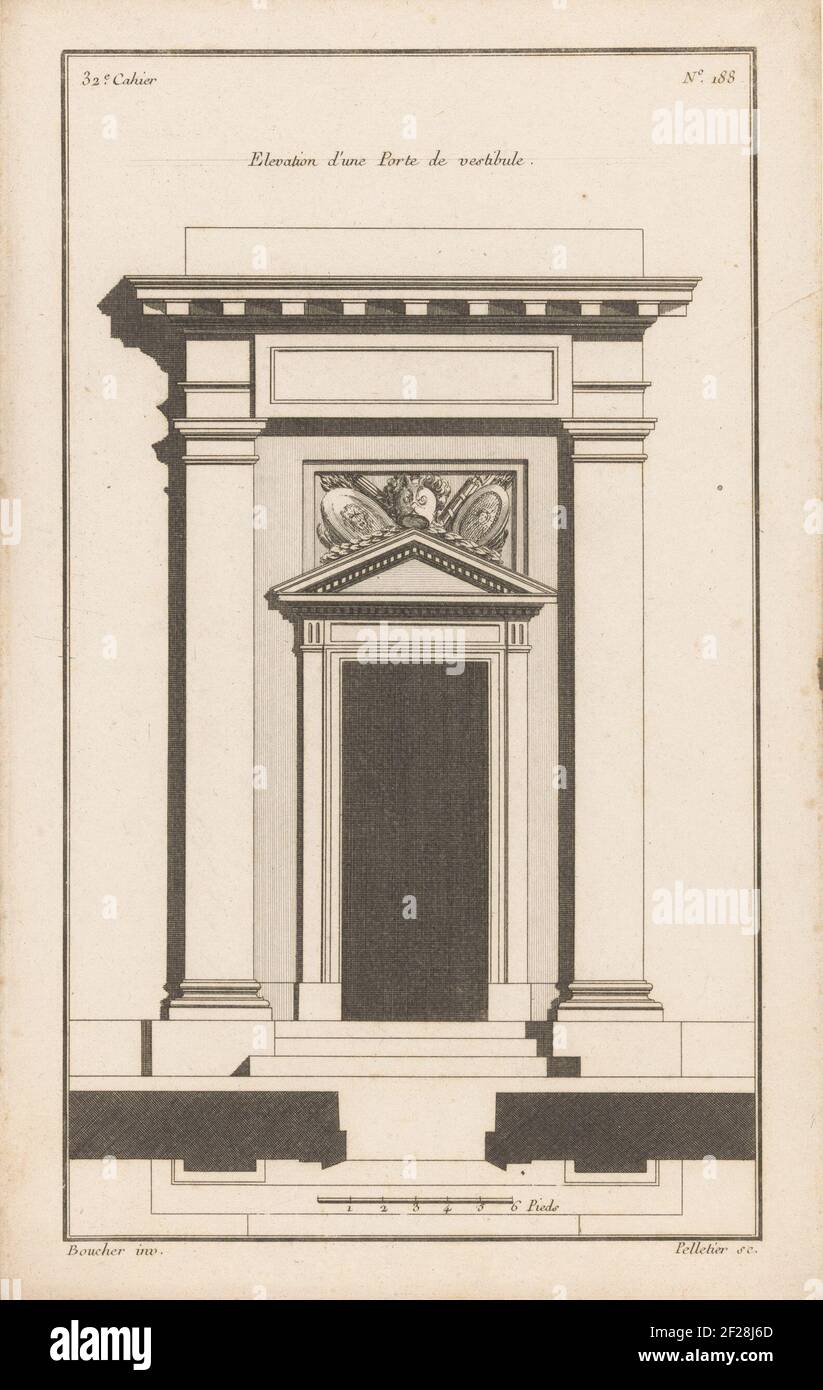 Poort met fronton en wapens; Elevation d'une Porte de vestibule ...