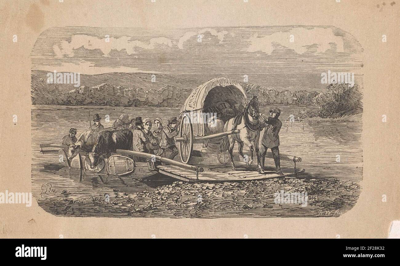 Arriving ferry with men, women, two cows and a covered wagon with a ...