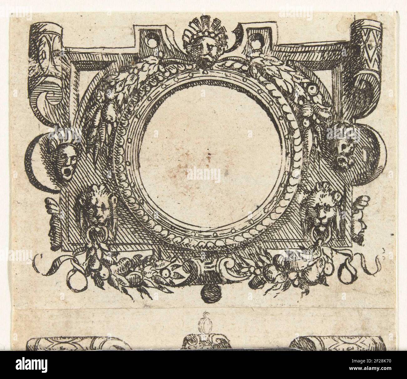 Round cartouche with mid above a mascaron; Cartouches in a frame of ...