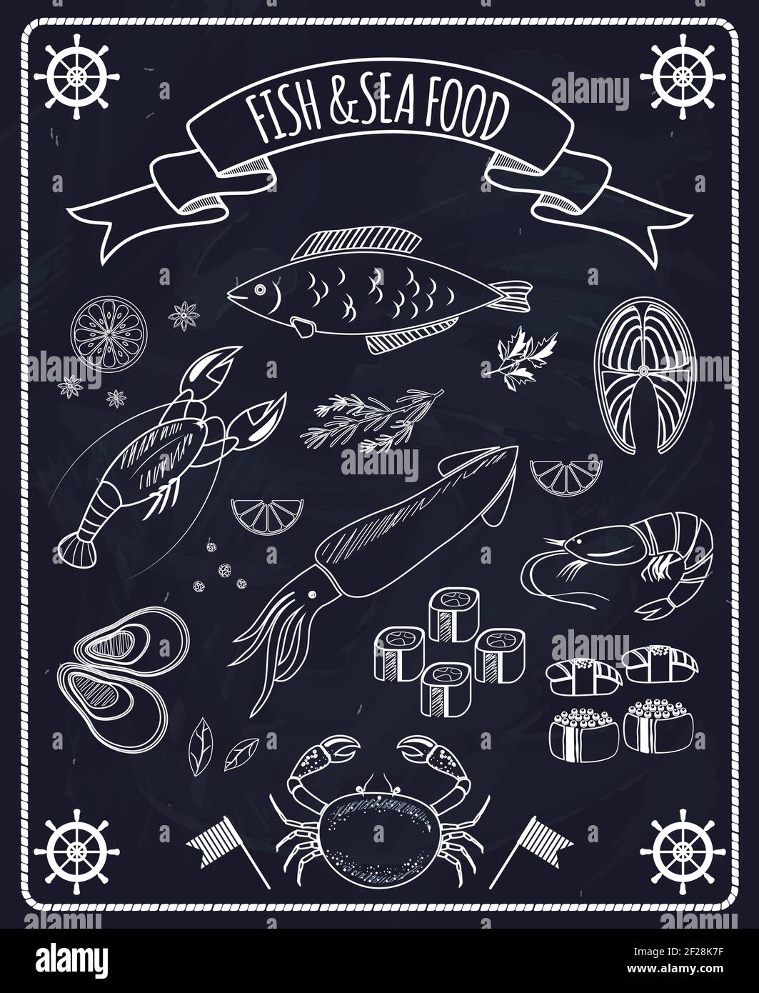 Fish and seafood blackboard vector elements with white line drawings of ...