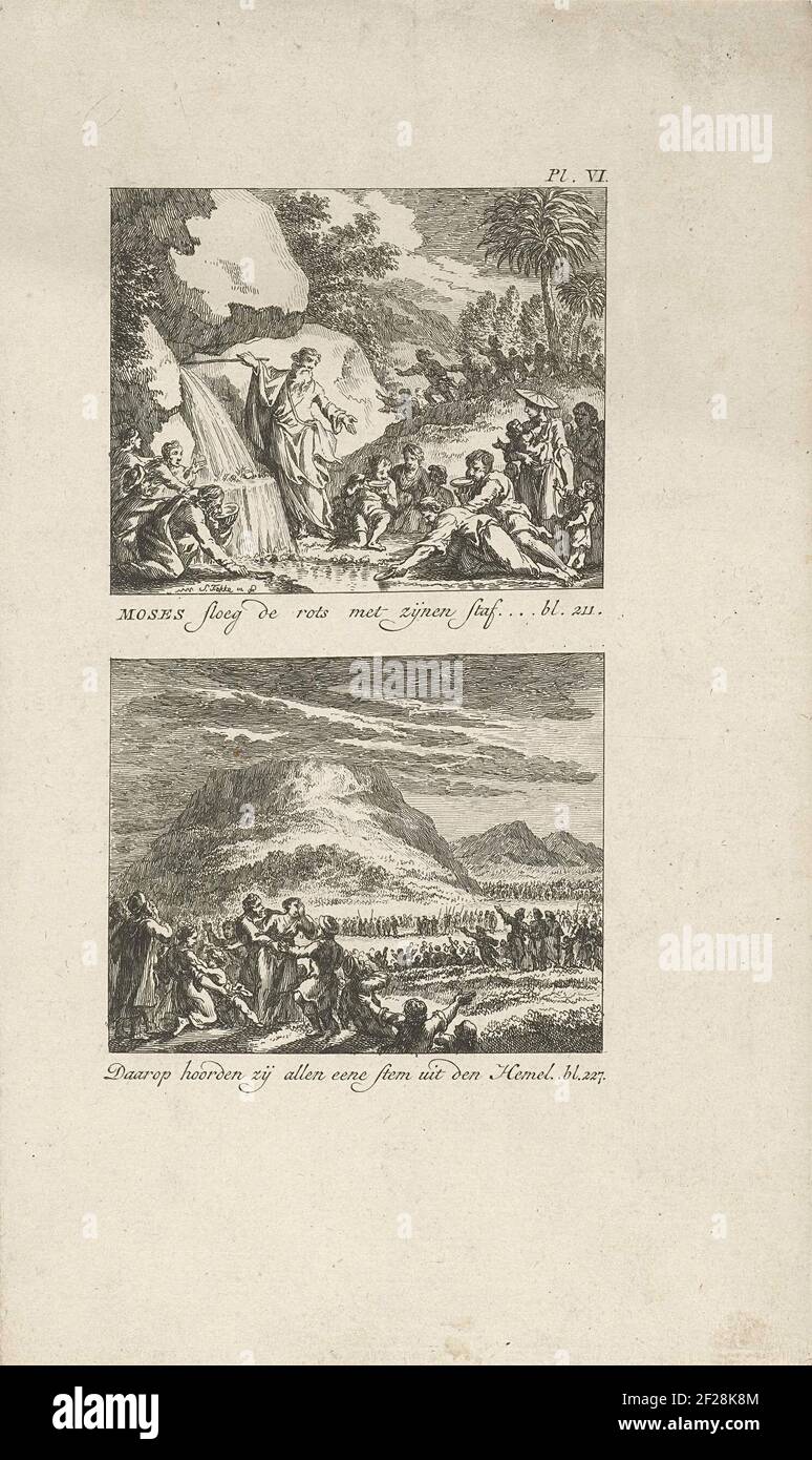Moses strikes water from a rock, and Moses on Mount Sinai; Moses hit ...