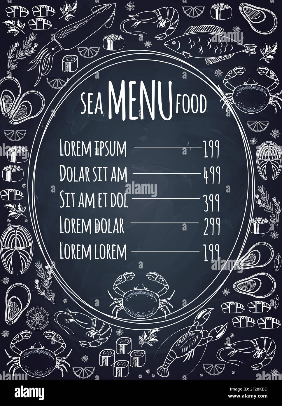 Seafood chalkboard menu with a central oval frame with a list of prices ...