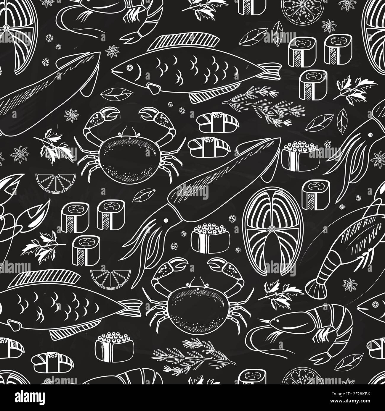 Seafood and fish chalkboard seamless background pattern on black with ...