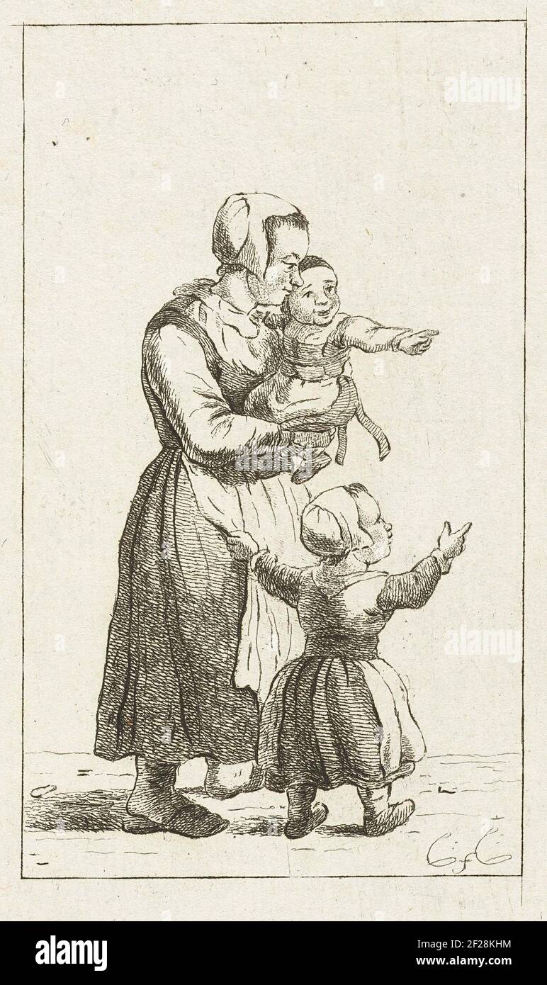 Moeder met twee kinderen.A mother with two children, to the right. The ...