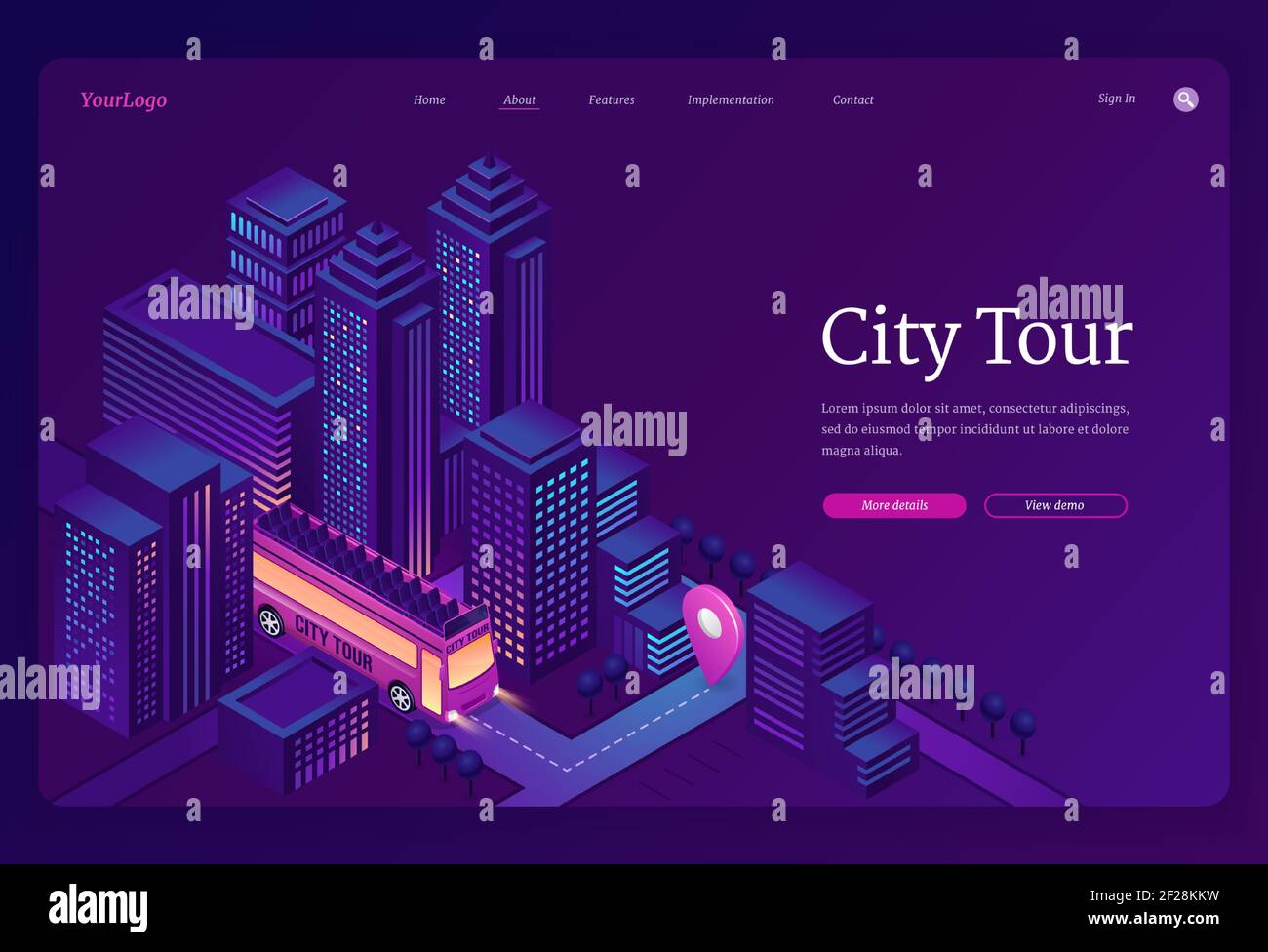 City tour banner. Travel and sightseeing by double decker bus in town ...
