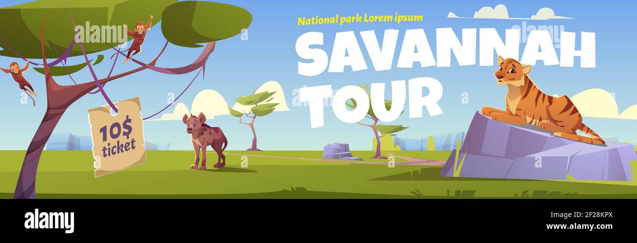 Savannah tour cartoon banner, invitation in national park with wild ...