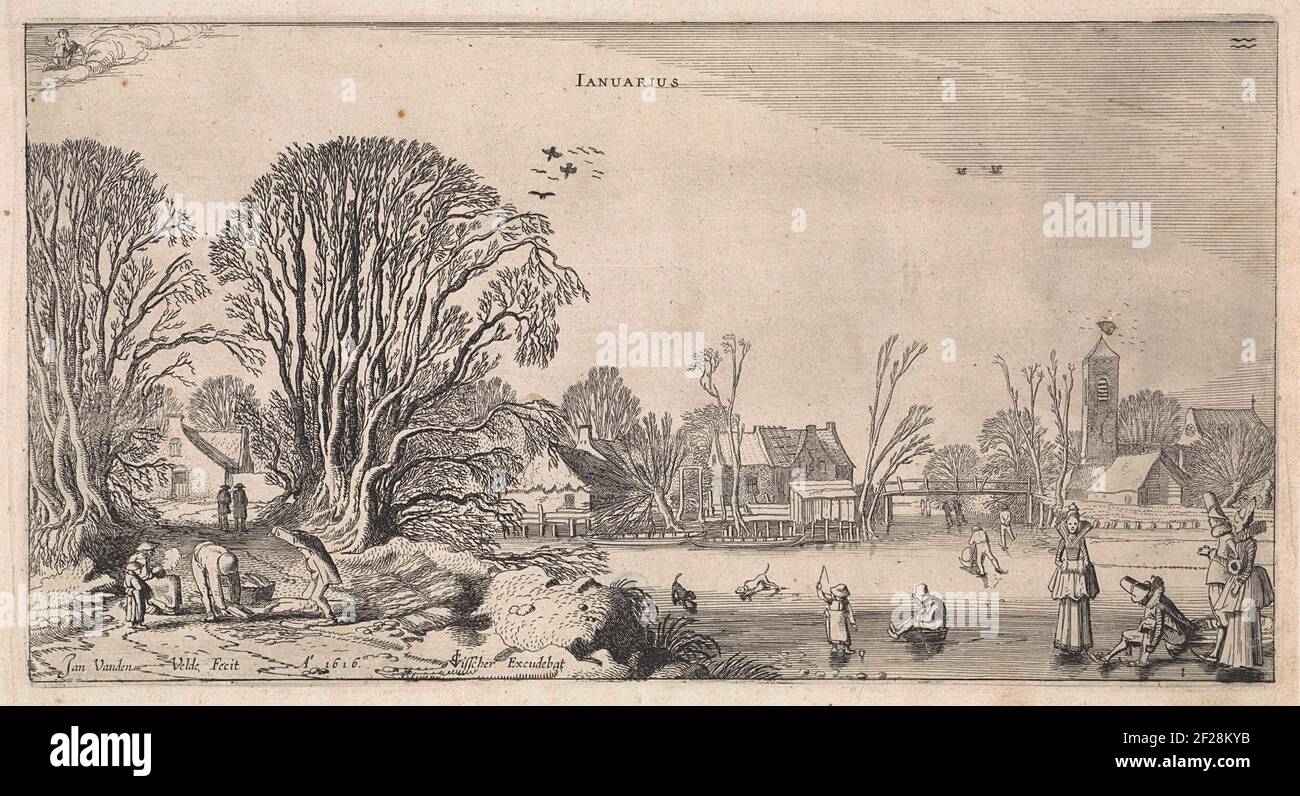 Januari; Ianuarius; De twaalf maanden.Figures on the ice at a village ...