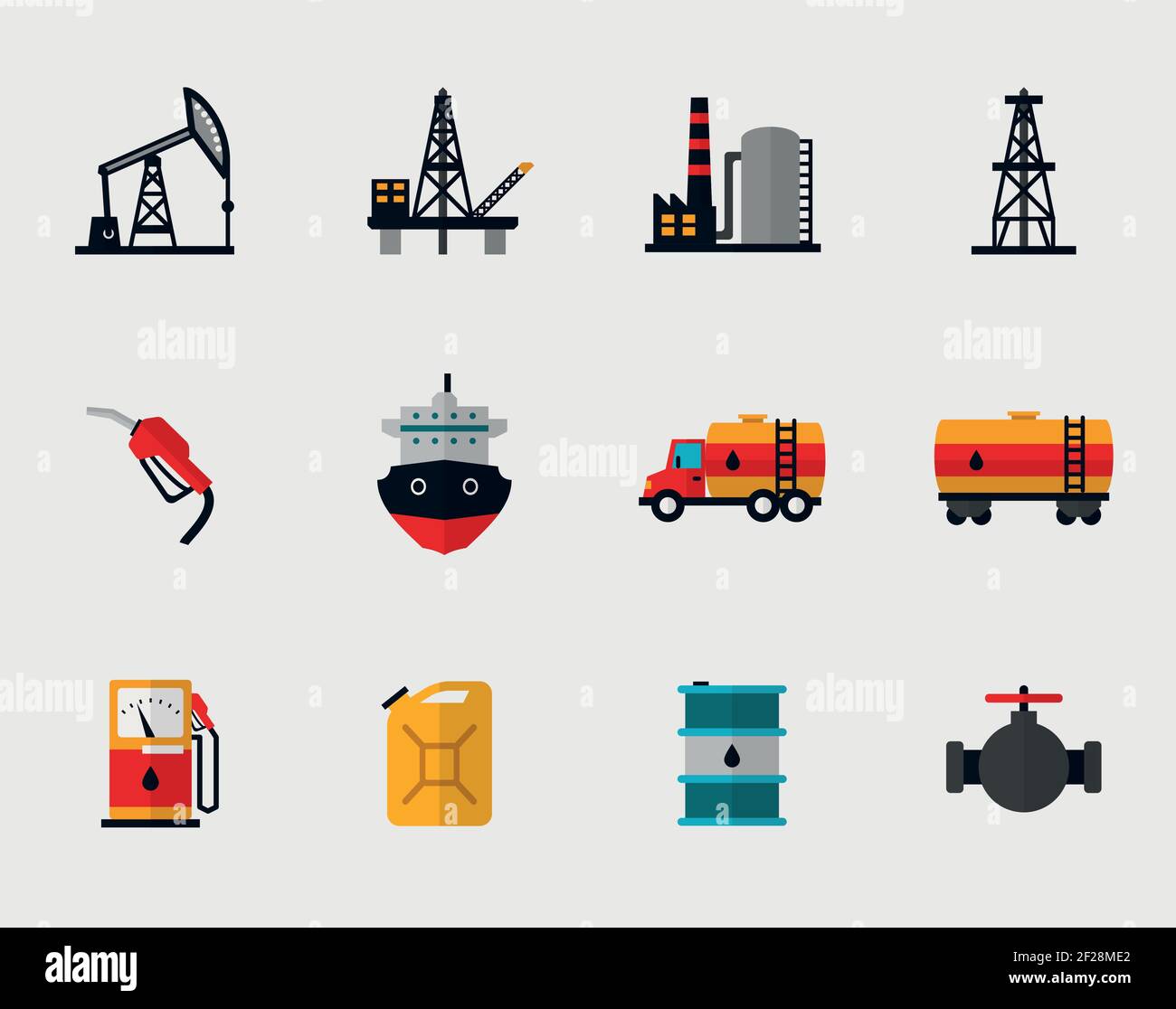 Petrol production, oil refining and petroleum transportation flat icons ...