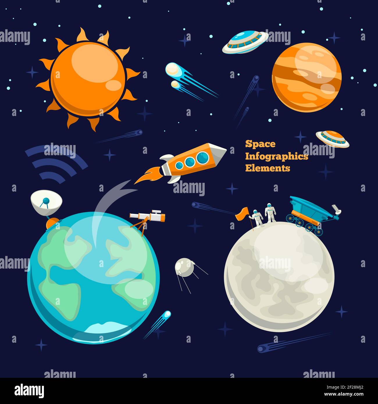Conquest of space. Space infographics elements. Planet earth, sun and ...