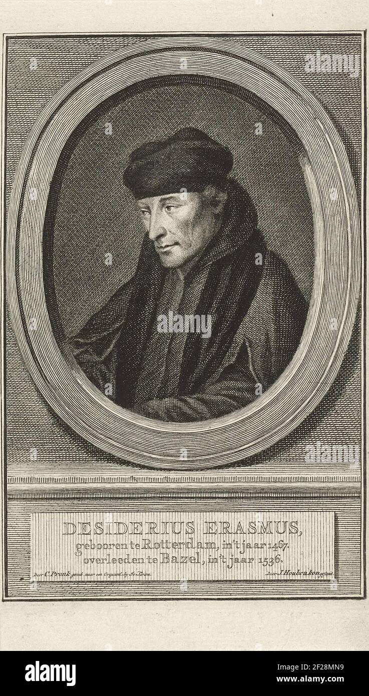 Portrait to the left of Desiderius Erasmus in an oval. The portrait ...