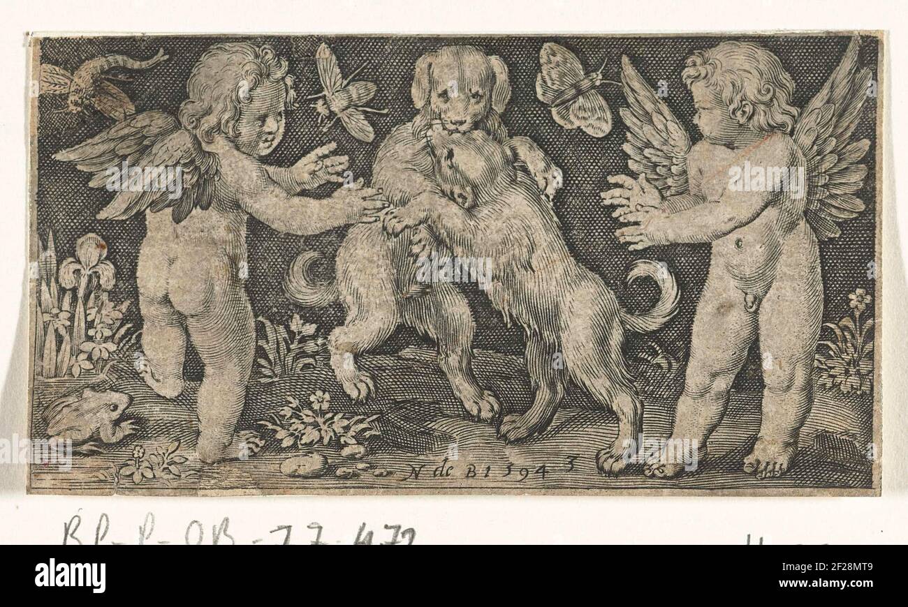 Two angels on either side of two playing dogs; Frisians with children ...