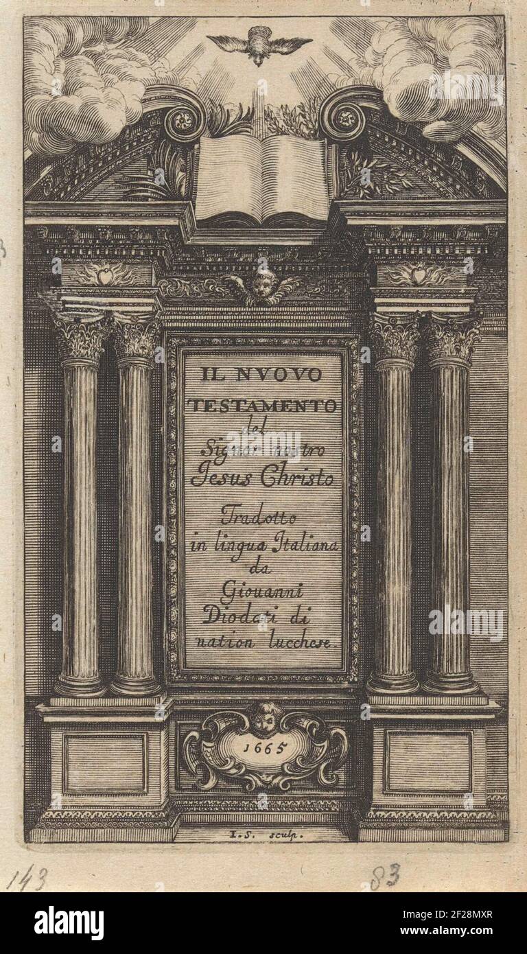 Temple with bible opened; Title page for: G. Diodati, Il Nuovo ...