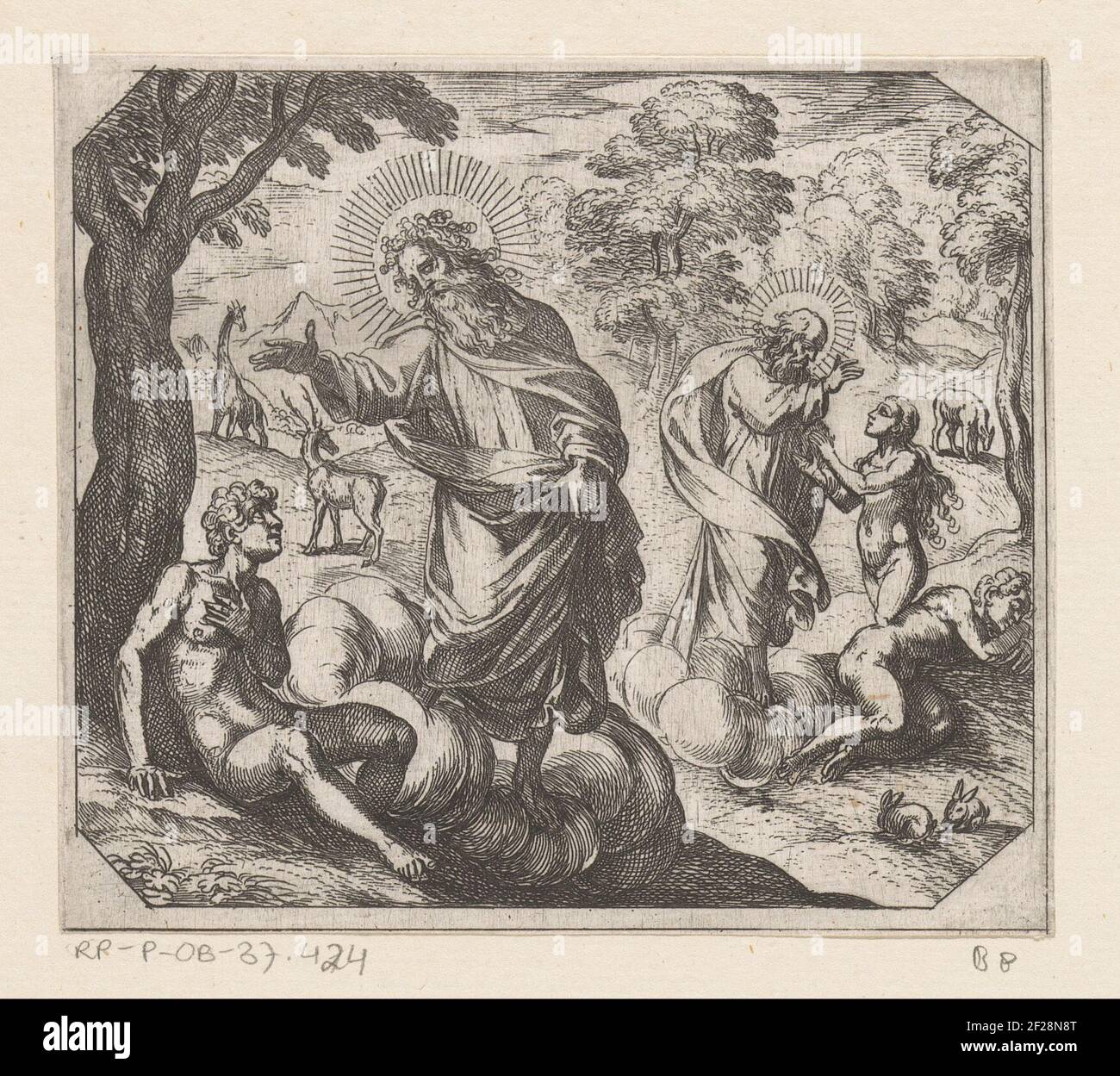 De schepping van Adam en Eva; De schepping.In the foreground on the ...