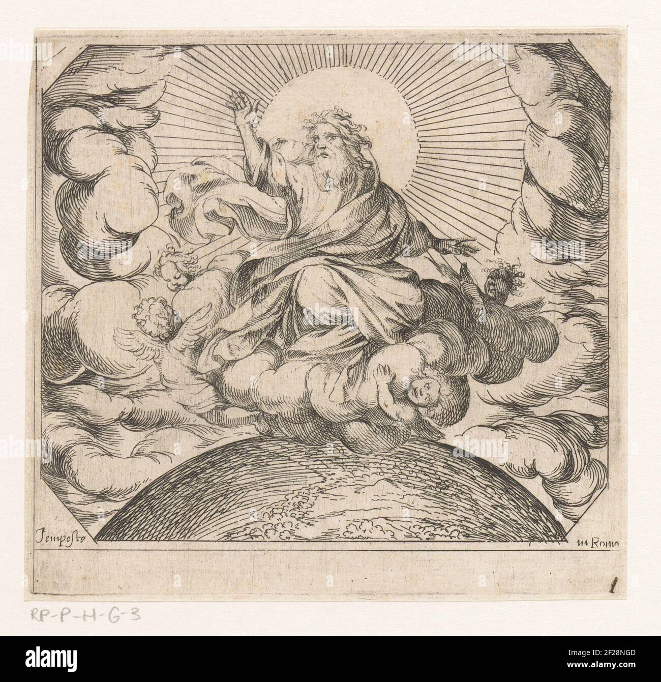 God scheidt land en water; De schepping.God floats on clouds that are ...