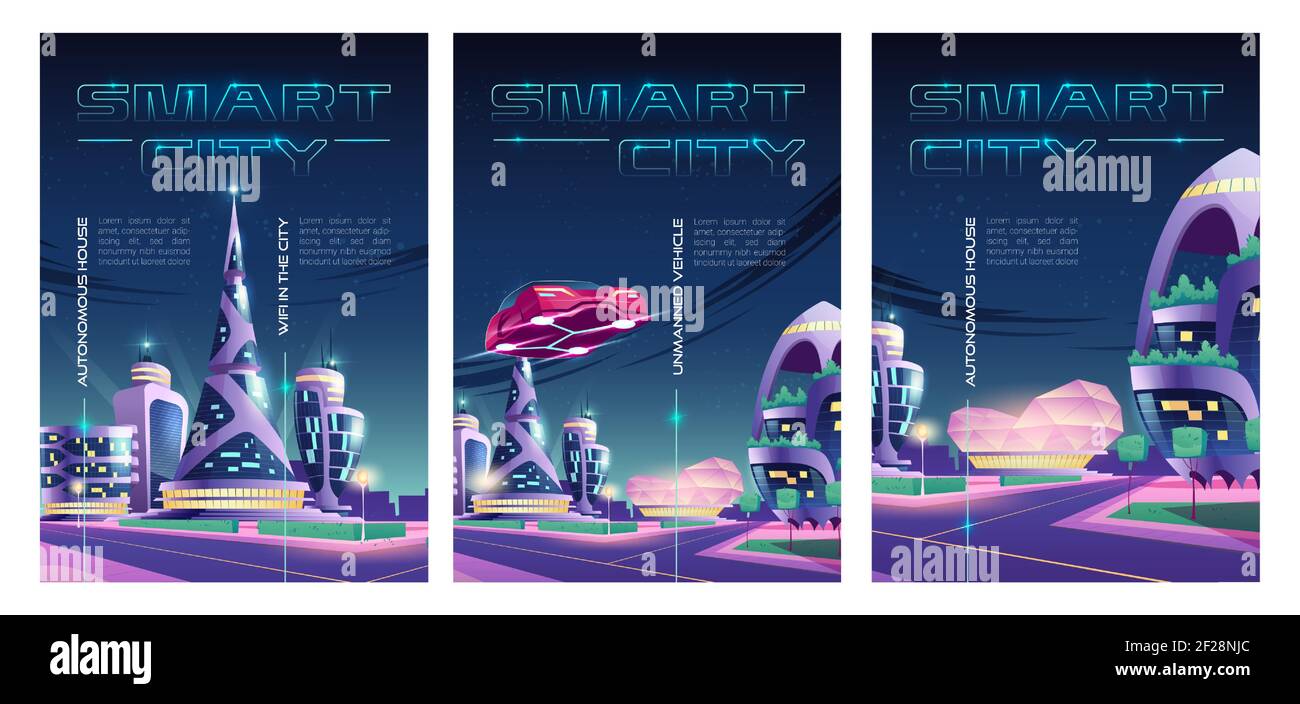 Smart city posters with night town with skyscrapers, futuristic ...