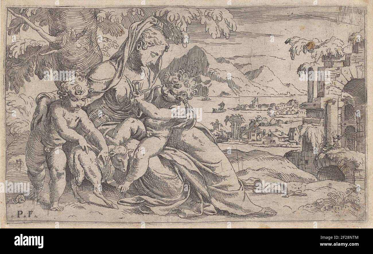 Liefde (Caritas).A woman (Caritas) with two small children in a ...