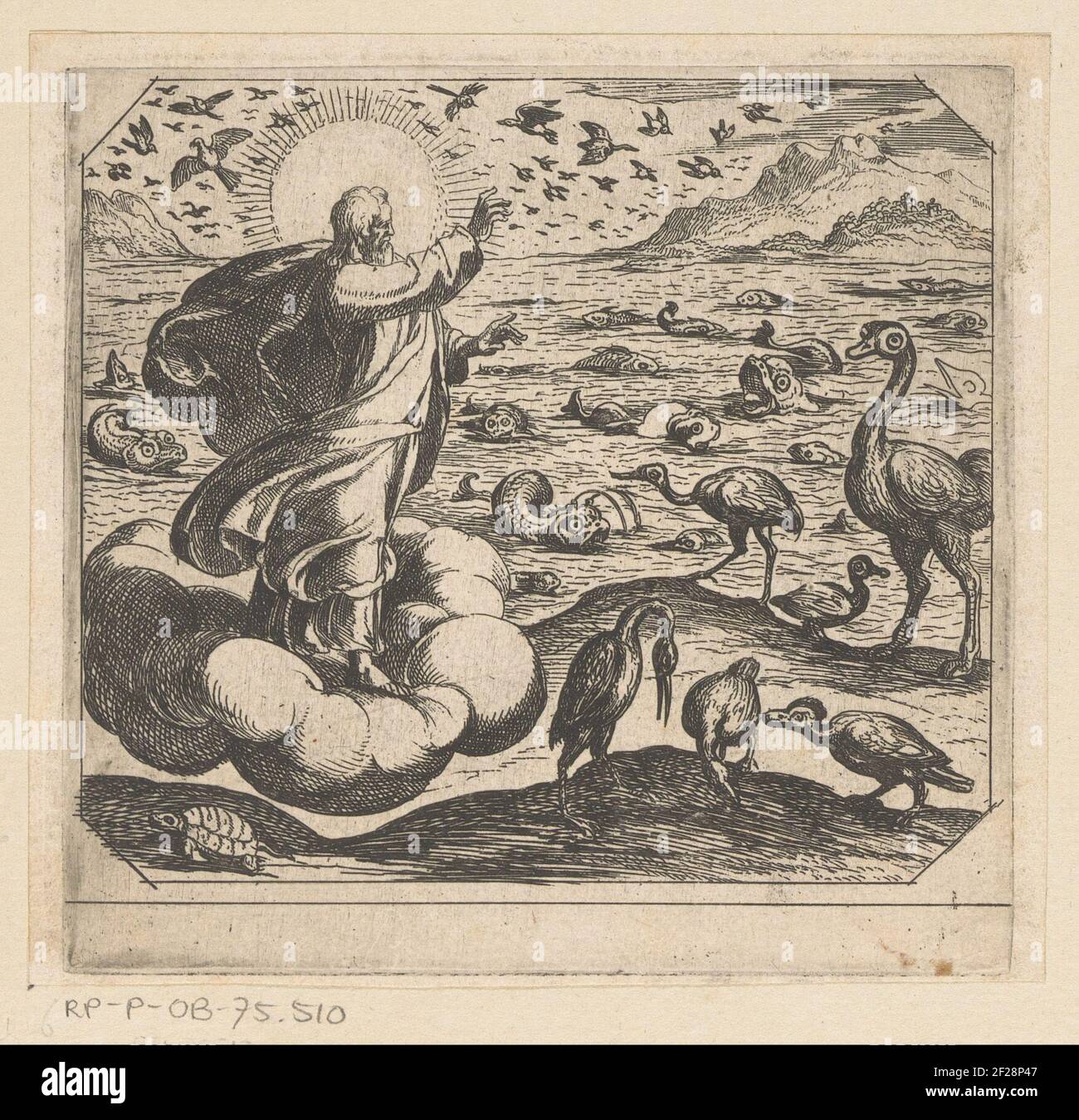 God schept de vogels en de vissen; De schepping.God the Father floats ...