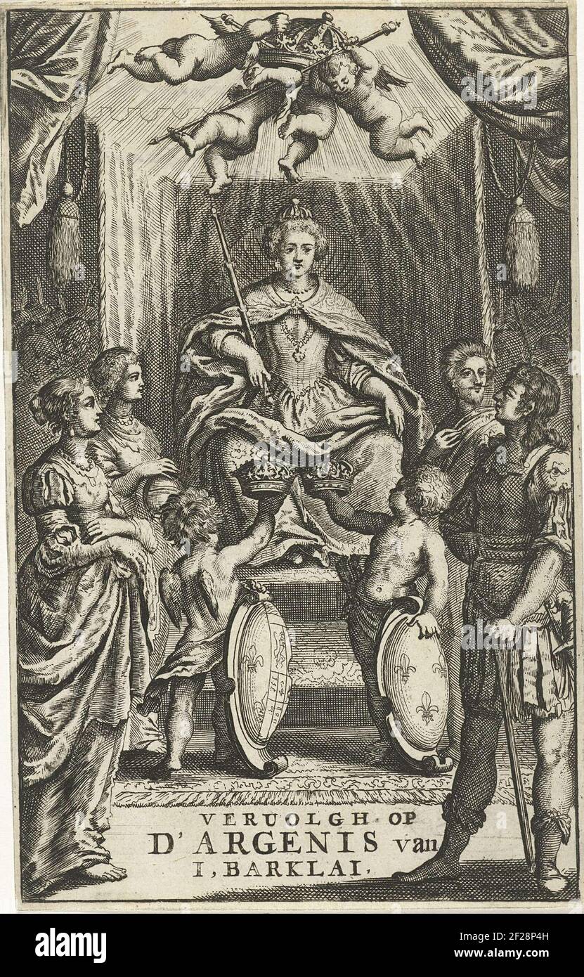 Two angels offer a throne prince crowns and support coats shields that ...