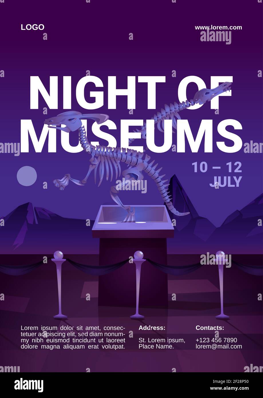 Night of museums cartoon flyer with dinosaur fossil bones exhibit ...
