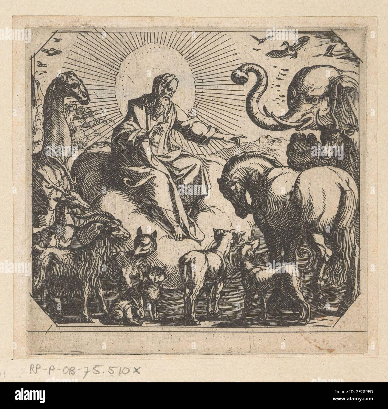 God schept de dieren op het land; De schepping.God The Father sits on a ...