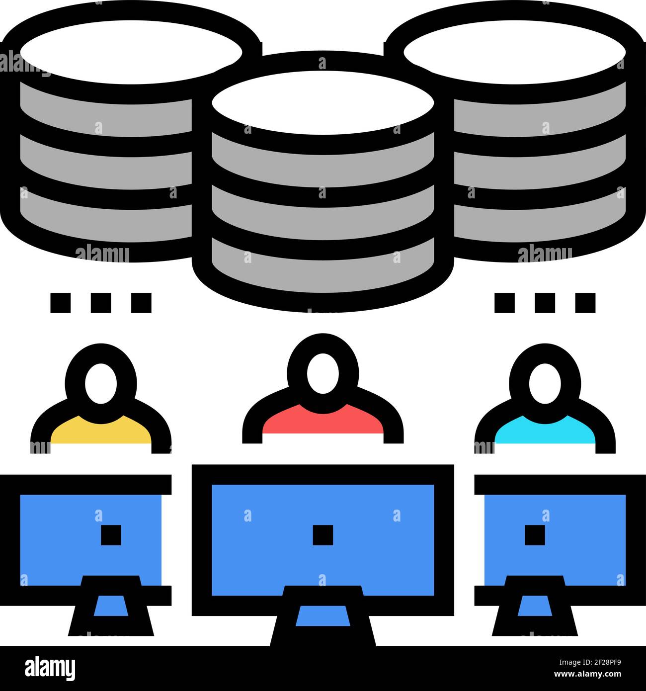 team working at computers digital processing color icon vector ...