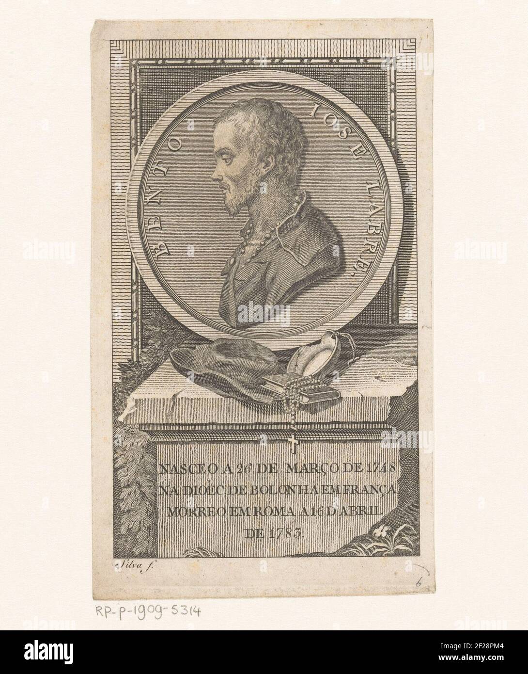 Portrait of the Holy Benedict Jozef Labre.onder the portrait a four ...