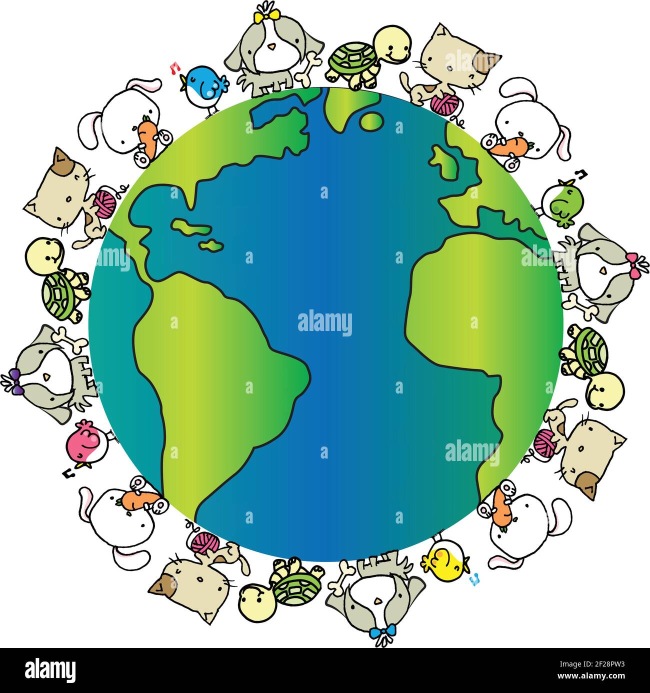 vector cartoon pet turtle, cat, bird, dog, rabbit on earth background ...