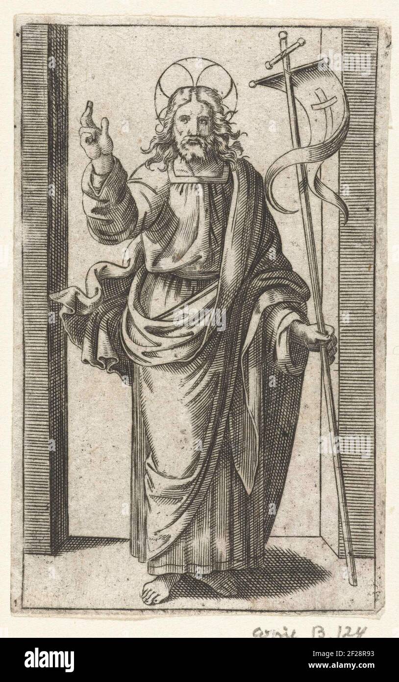 Christ with a crucifix makes blessing gesture; Christ and the apostles ...