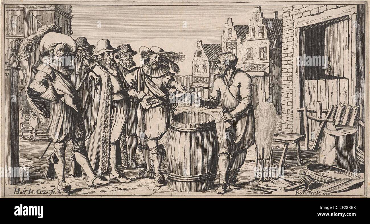 Kuiper voor zijn werkplaats.Five men watch how a kuiper makes a ton for ...