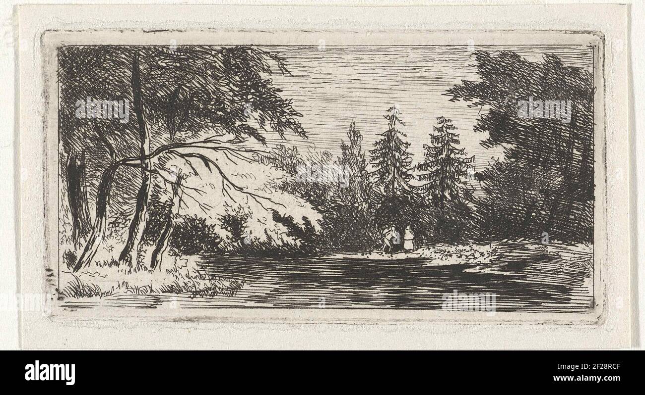 Boslandschap.Forest landscape with two figures to a lake Stock Photo ...