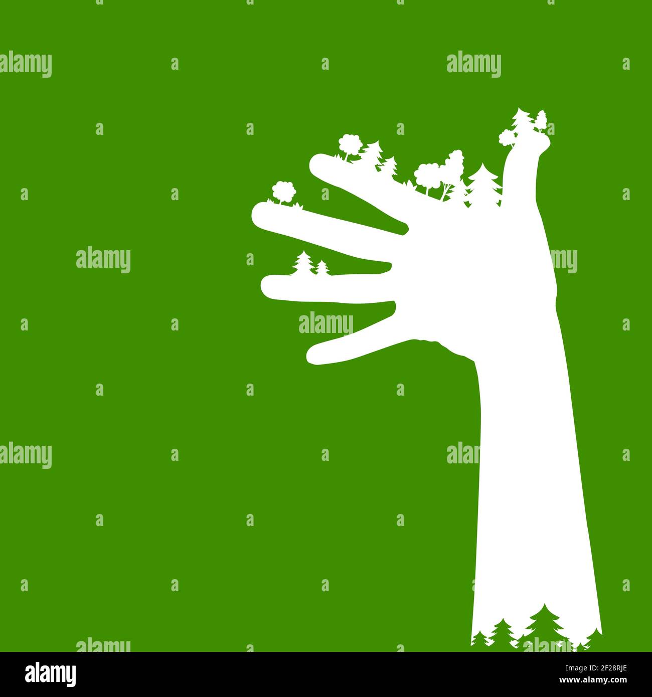 White silhouette of hand forest on fingers. ecology placard with trees ...