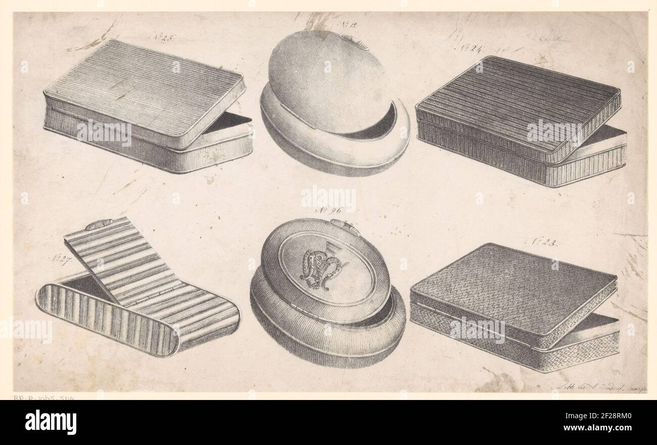Folding boxes; Empire objects. Designs for four rectangular and two ...