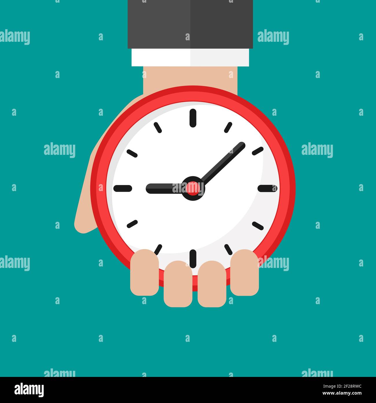 Hand with red clock isolated on blue background. Fast time stop watch ...