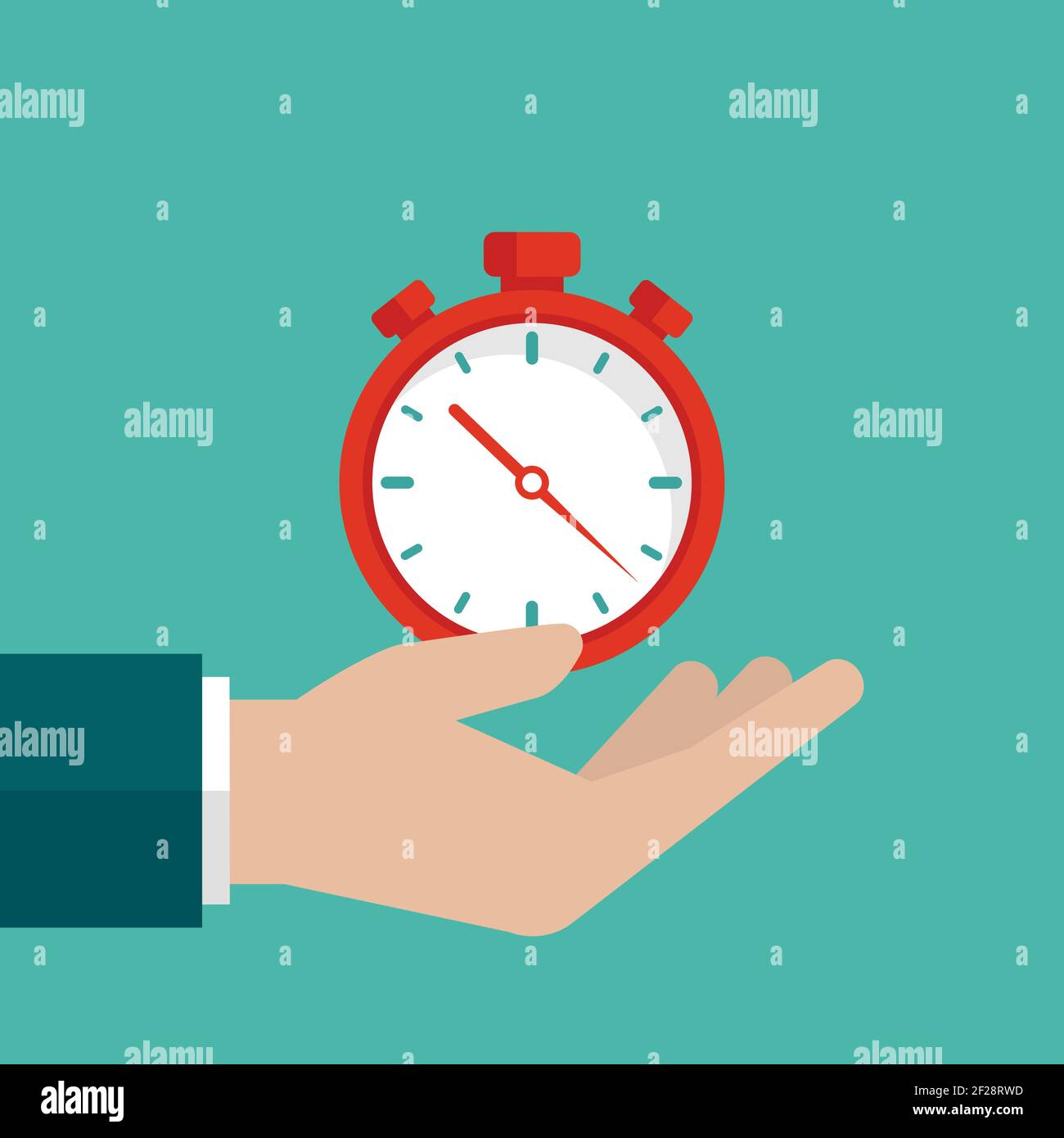 Hand with red stopwatch isolated on turquoise background. Fast time ...