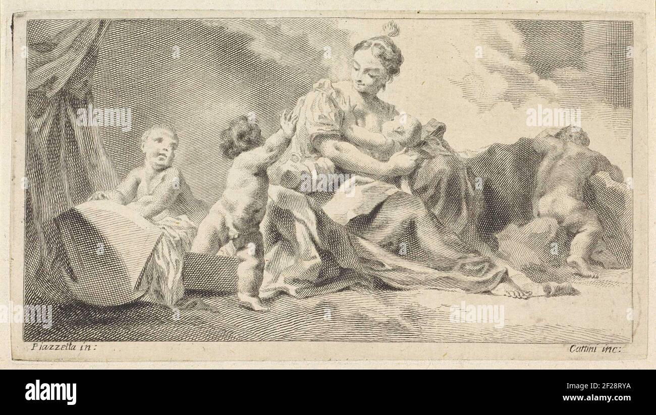 Vrouw met vier kinderen.A woman is sitting on the ground with her four ...